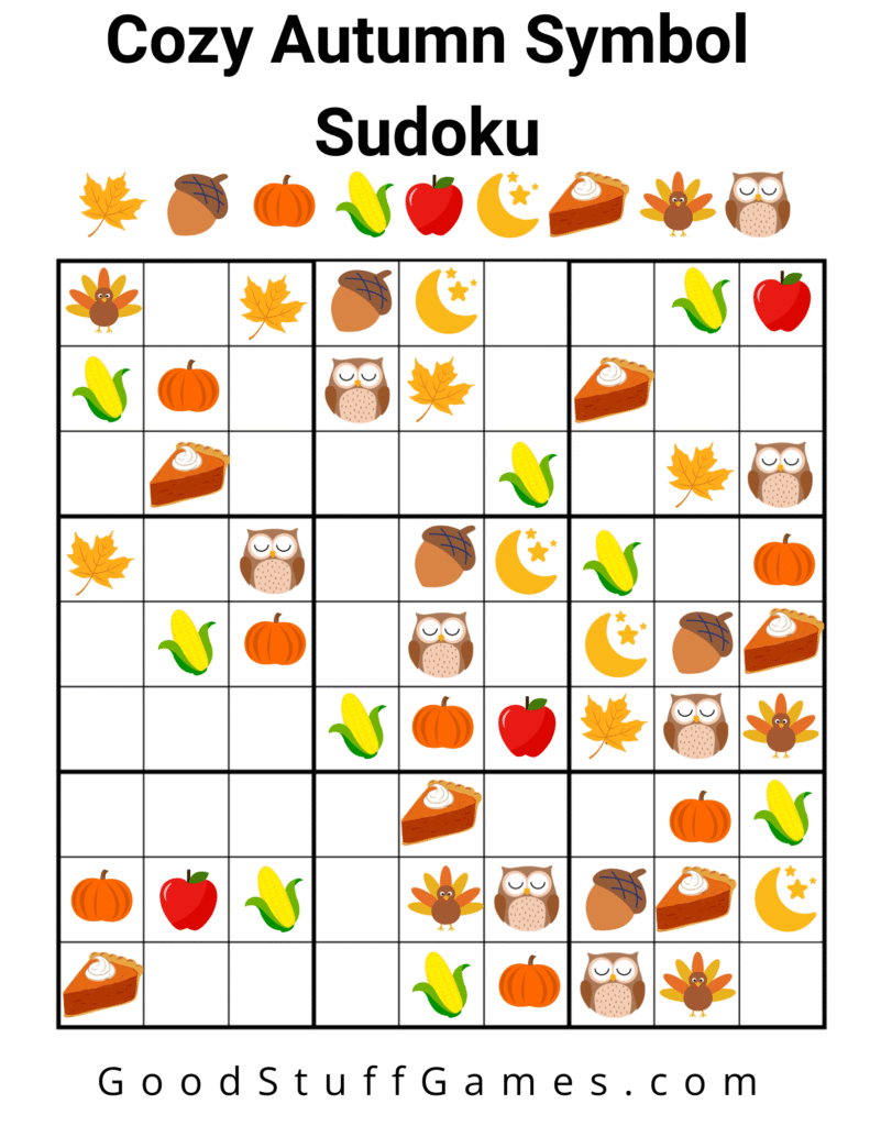 Free Sudoku Symbol Printable - Cozy Autumn - GoodStuffGames