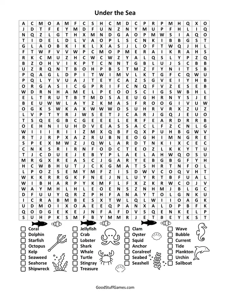 Word Search Printable - Under the Sea - GoodStuffGames