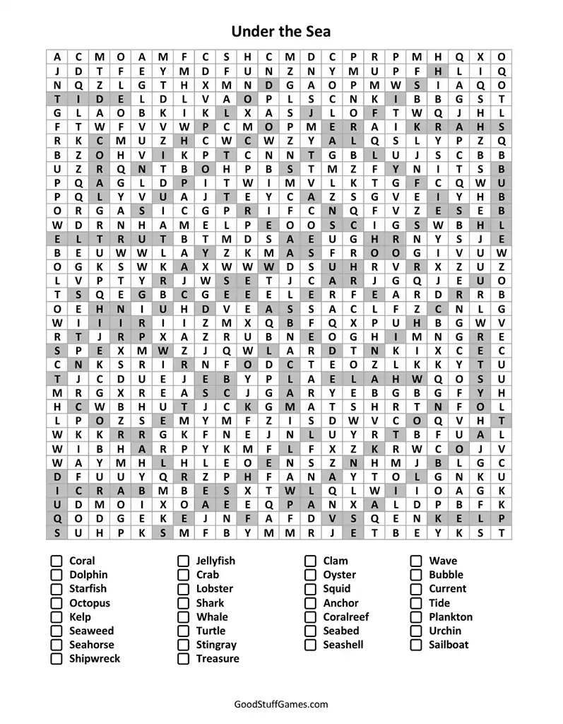 Word Search Printable - Under the Sea - GoodStuffGames
